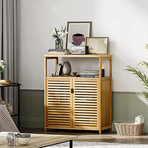 VIAGDO Bathroom Floor Cabinet, Bamboo Storage Cabinet with Doors and ...
