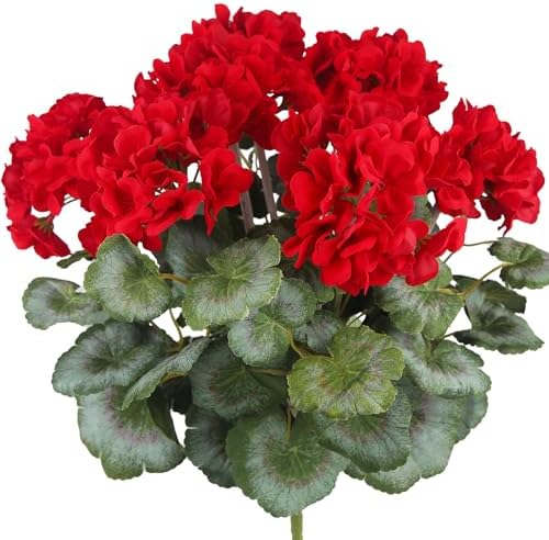 Amazon.com: Larksilk Red Artificial Geranium Flower Bush | UV Resistant ...