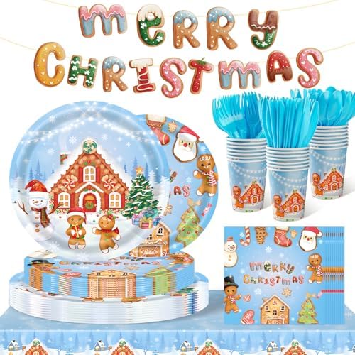 Amazon.com: 194 Pcs Merry Christmas Party Supplies for 24 Guests Gingerbread Christmas Tableware ...