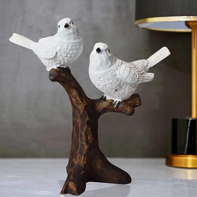 AABCO Poly Resin Birds Set On Branch Statue White Brown, for Home ...