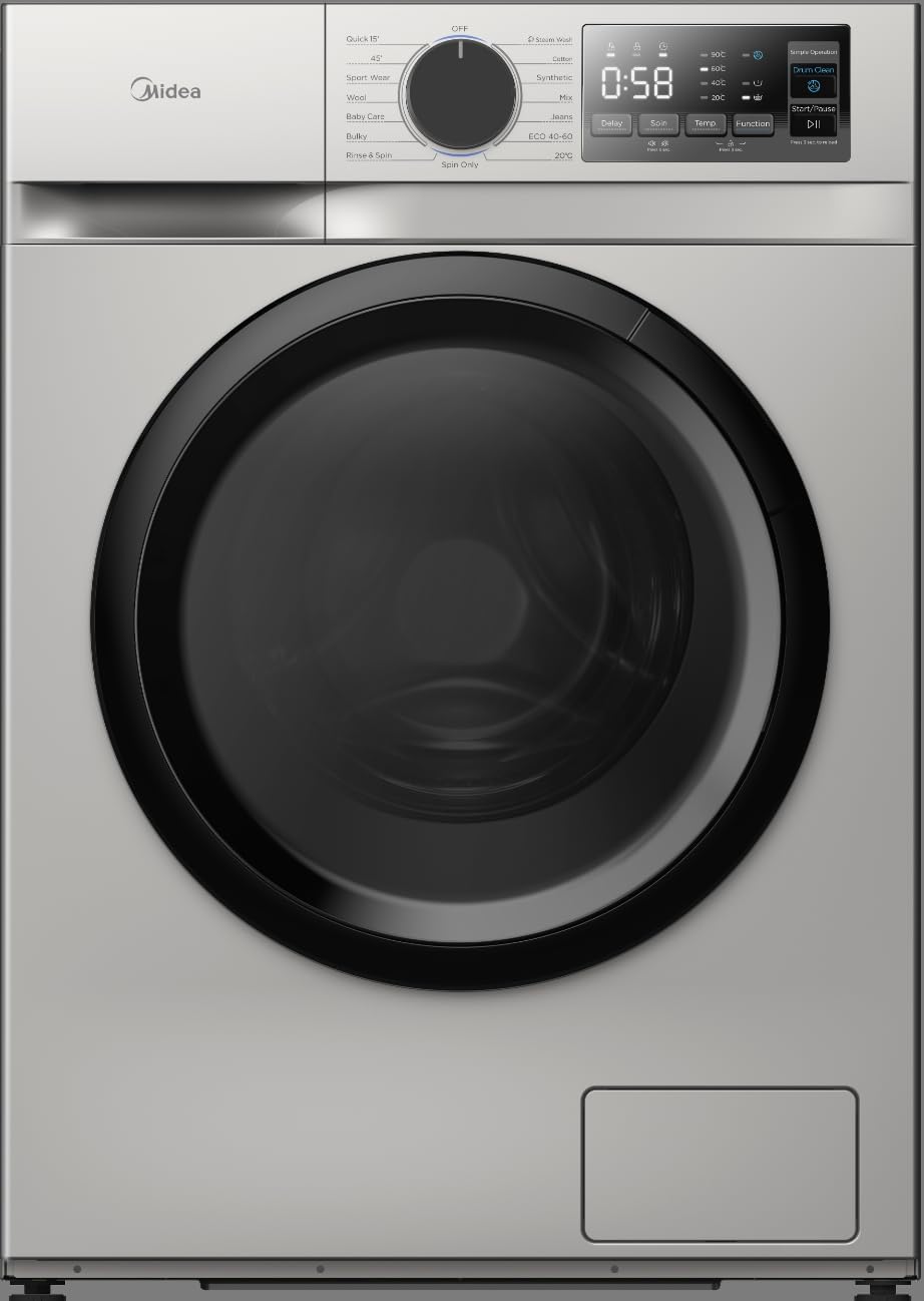 Midea Front Loading Washing Machine, MFN09W70B/S,Steam, Drum clean, Add ...