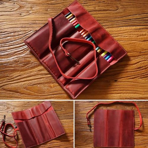 Leather Pen Bag,Roll-Up Leather Wrap Pen Pouch, Foldable Pencil Roll ...