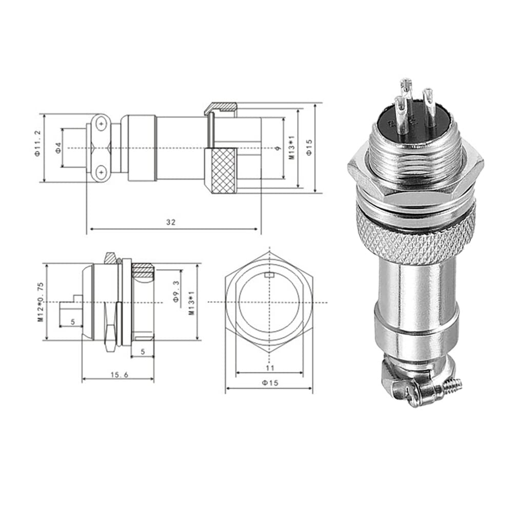 Aiqeer 5 Pcs 3-Pin GX12 Aviation Connector, 12 mm Thread Panel Metal ...