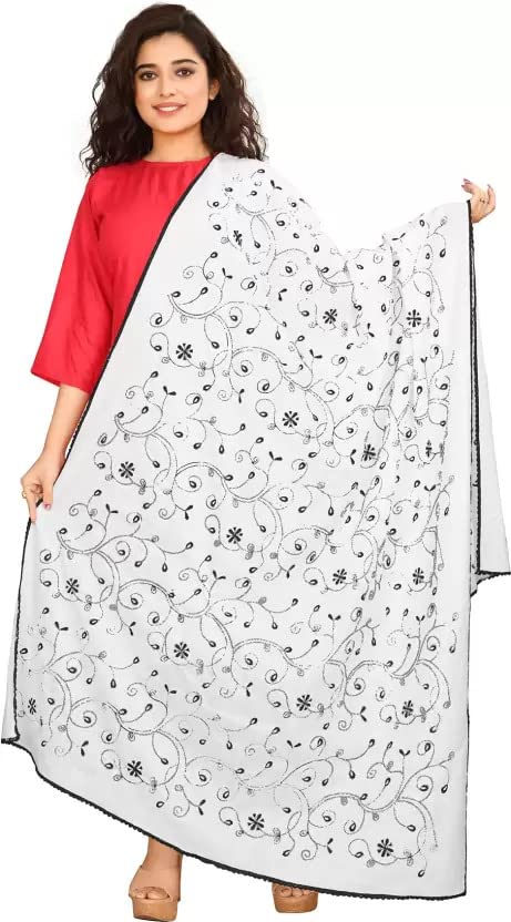 Buy Cotton Blend Embroidered White Women Dupatta white + black ...