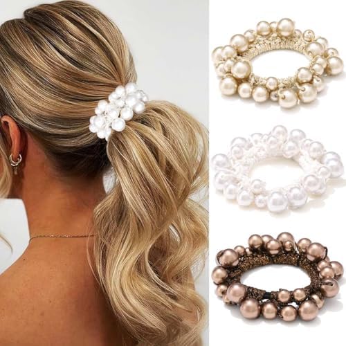 Amazon.com : CAKURE Pearl Hair Ties Beaded Ponytail Holder Fancy Hair ...