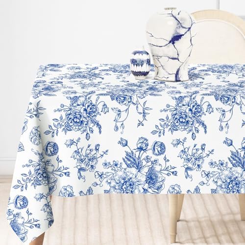 Amazon.com: AnyDesign Vintage Floral Tablecloth Blue White Flower ...