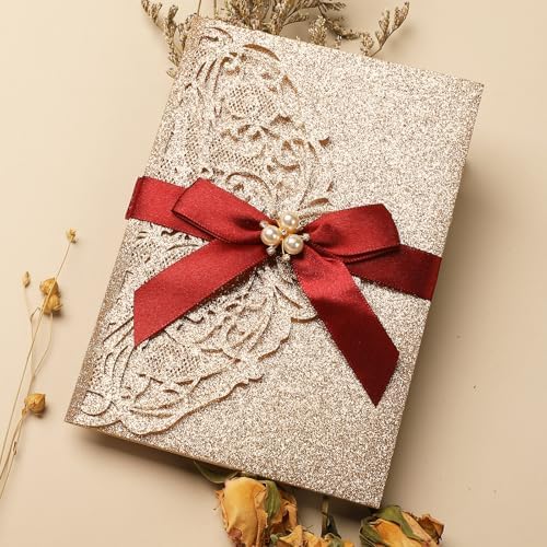 Amazon.com: 25 invitaciones de boda con purpurina dorada con cintas ...