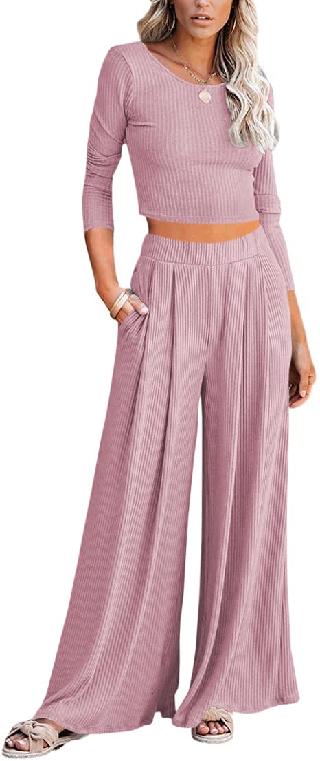 Lveberw Lounge Set Womens, Outfits Sets, Ribbed Crop Top Long Sleeve ...