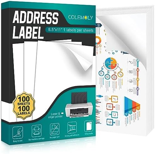 Amazon.com : Colemoly 8.5x11 Inch Premium Address Labels - 100 Sheets ...