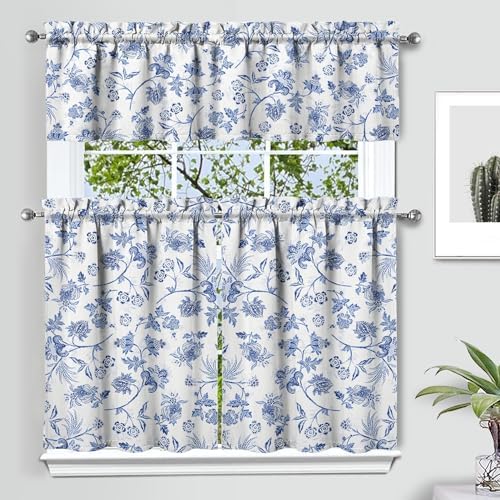 Amazon.com: qwpmvhsak Blue Floral Kitchen Curtain Valance 3 Piece Set ...