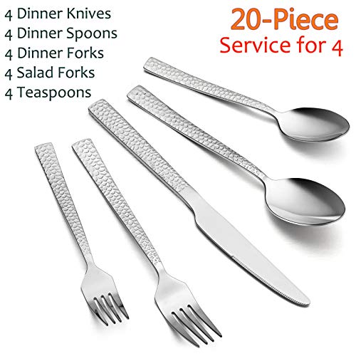 Snapklik.com : E-far 20-Piece Hammered Silverware Set, Stainless Steel ...