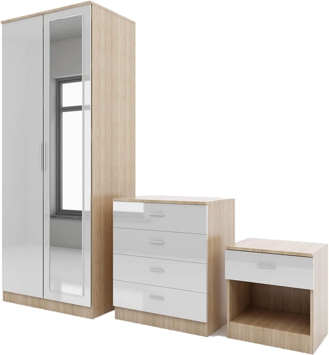 ELEGANT 3 Piece Bedroom Furniture Sets High Gloss Soft Close Wardrobe ...