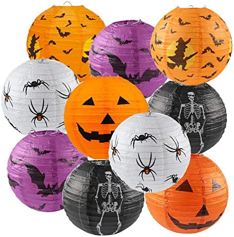 10PCS Halloween Paper Lanterns, Hanging Jack-O'-Lantern Spider Skeleton ...