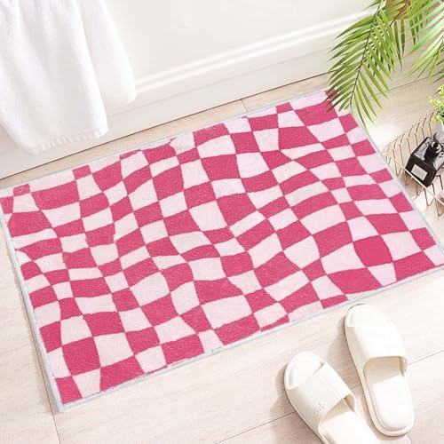 Amazon.com: HYPEECE Pink Bathroom Rugs, Irregular Checkered Rug Preppy ...