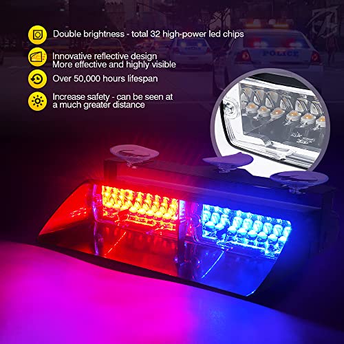 Snapklik.com : Xprite Red Blue LED Dual Windshield Strobe Lights - 32 LEDs