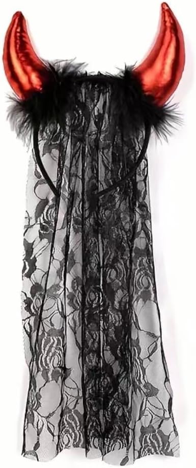 Devil Horn Headband, Faux Feather, Hairy Band Head Hoop, With Lace Veil at Amazon Women’s ...