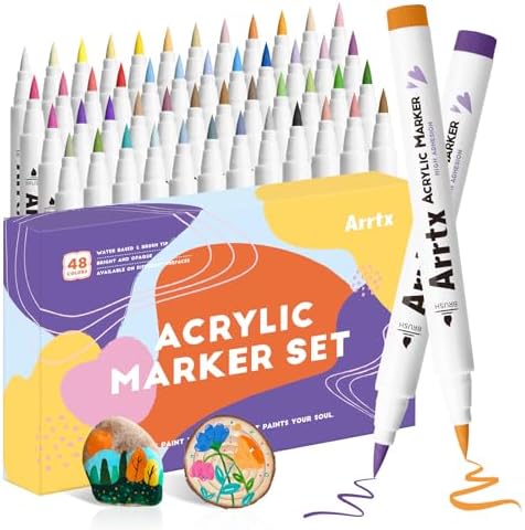 Arrtx 48 Colors Acrylic Marker, for Rock Painting, Extra Brush Tip ...