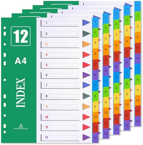 A4 File Dividers, 5 Pack 12 Part Subject Dividers Multi Hole Punched in Assorted Colour, Plastic ...