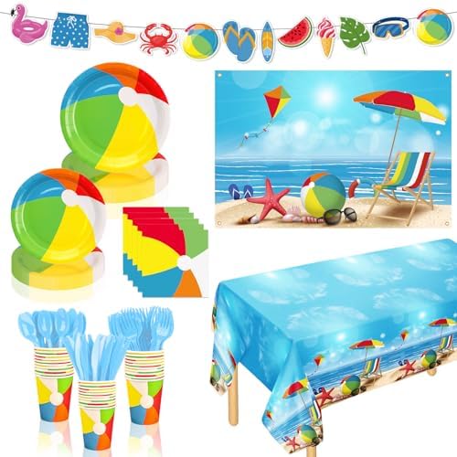 Amazon.com: TWOWYHI 196PCS Beach Theme Party Supplies Serves 24 Beach ...