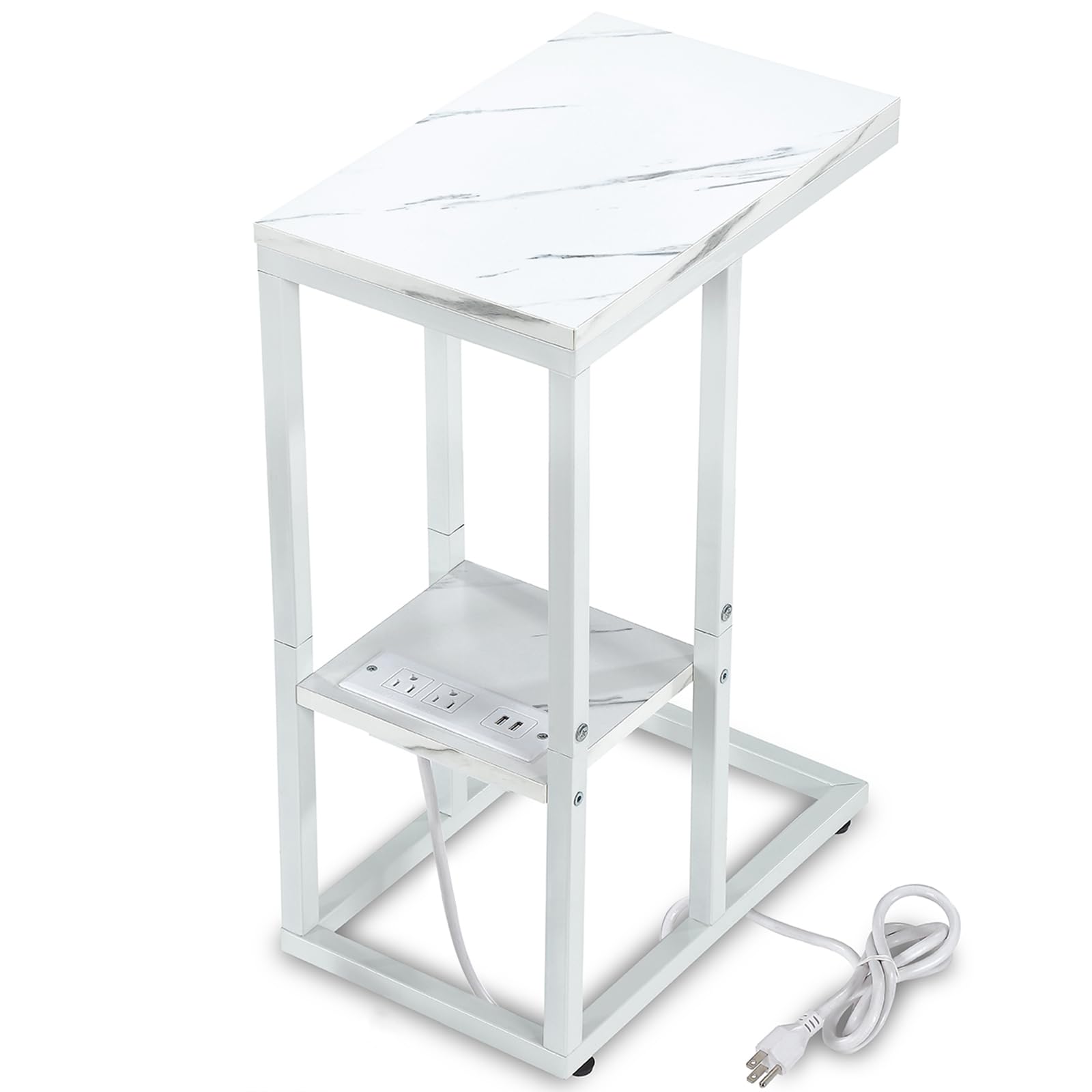 JIELARHUA End Table Faux Marble Tray White Wood C Table with USB Port ...