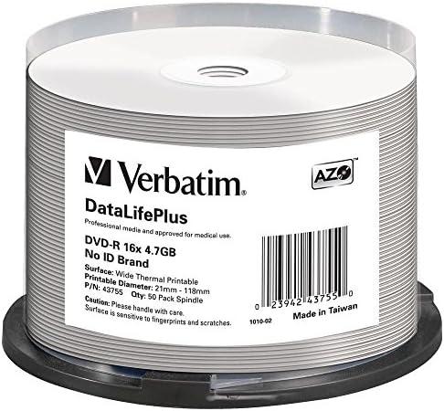 Verbatim DVD-R 16x Wide Thermal Printable 4.7GB, DataLifePlus, 50er Pack Spindel, DVD Rohlinge ...