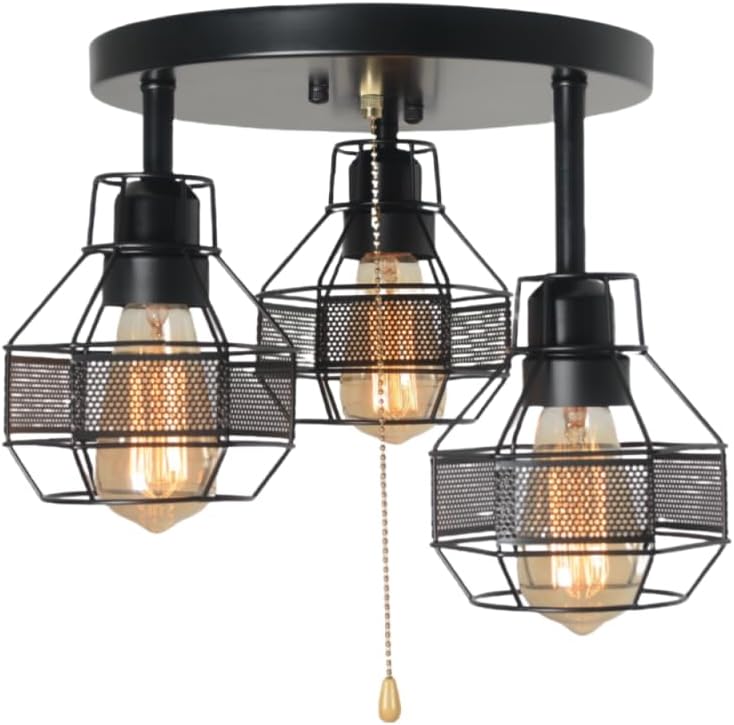 Beuhouz Black Ceiling Light with Pull Chain Switch, Industrial Semi ...