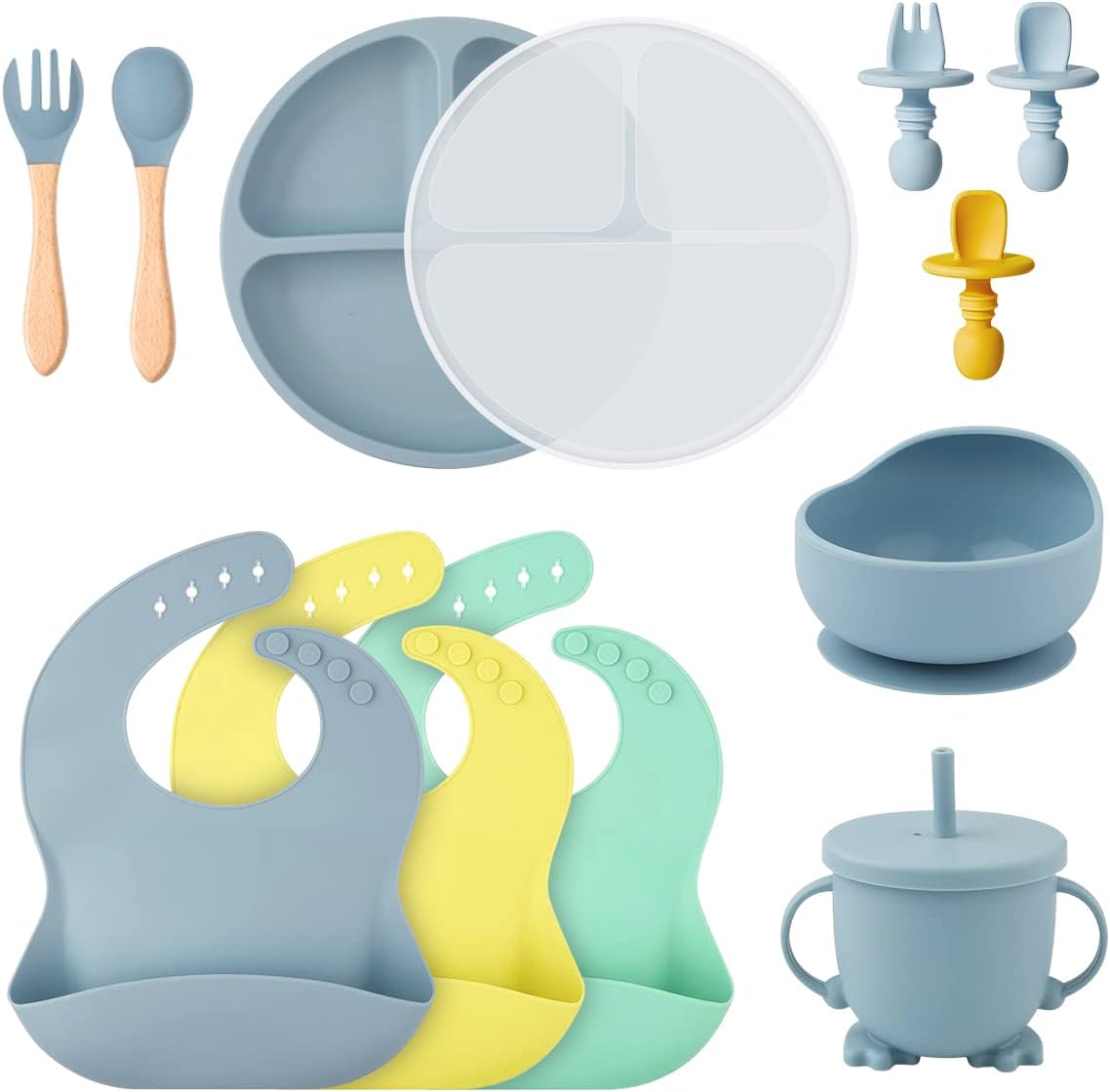 Juego 12 Piezas de Vajillas de Silicona, ANTUVI Set de Platos para Bebe De Alimentación ...