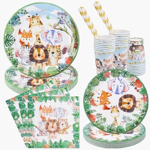 Amazon.com: 96 Pcs Jungle Zoo theme Tableware Set Green Animals Theme ...
