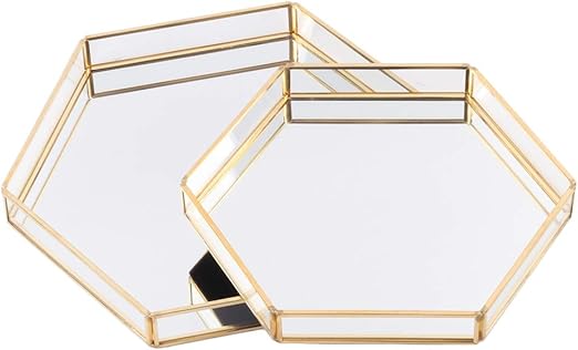 Amazon.com: Koyal Wholesale Gold Glass Mirror Hexagonal Trays Vanity ...