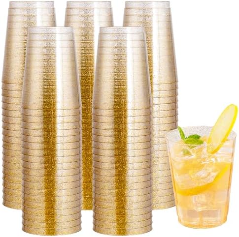 Amazon.com: FOCUSLINE 100 Pack Gold Glitter Plastic Cups 9 oz Clear ...