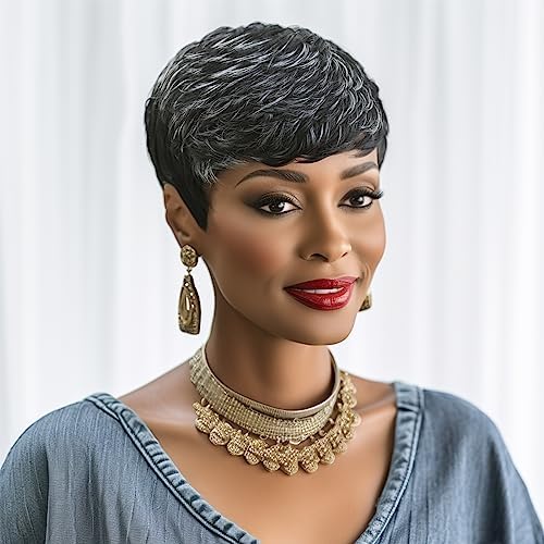 Amazon.com : MOONSHOW Short Grey Wigs for Black Women Grey Pixie Cut ...