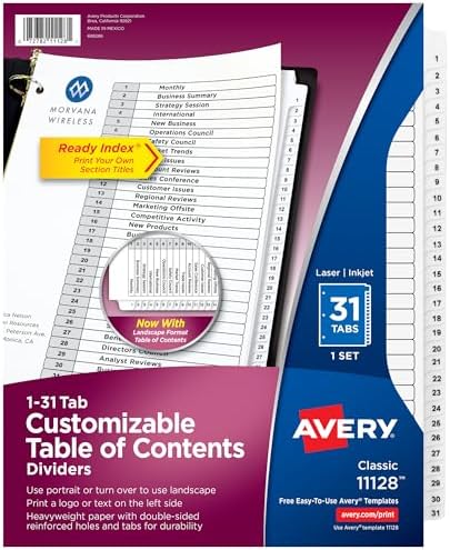 Avery Ready Index Customizable Table of Contents Dividers, 1 to 31 Tabs ...