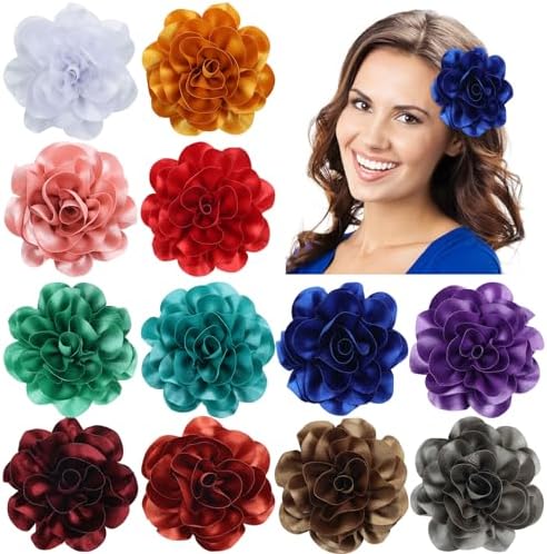 Amazon.com : Dizila 12 Pack Satin Solid Large Big Flower Hair Clips ...