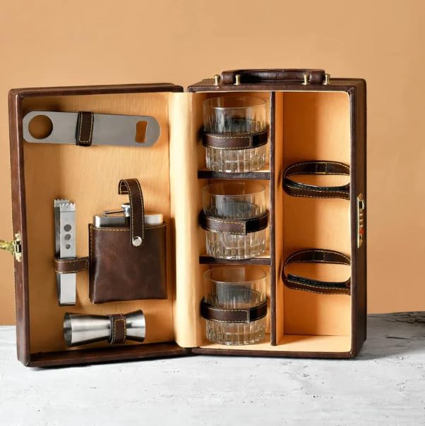 Buy ONE SKY SHOP Bar Set with 3 Whiskey Glasses and Leatherette Mini ...