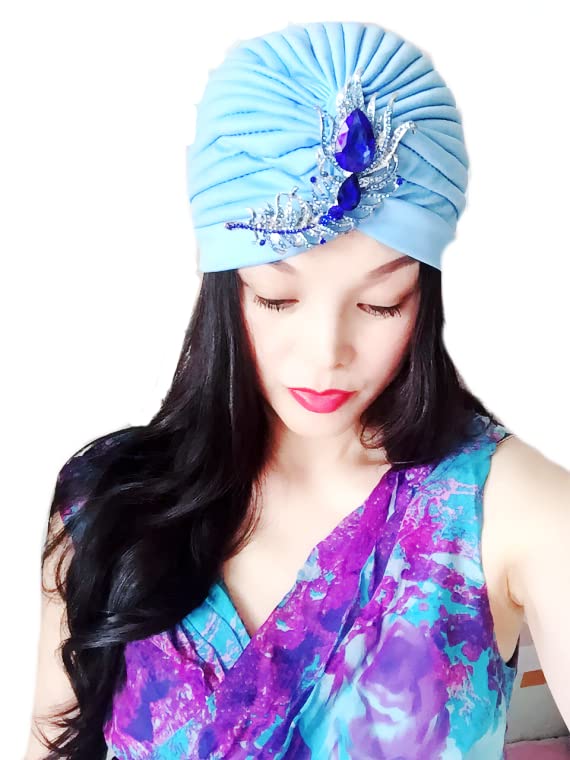 Amazon.com: Sky Blue Peacock Feather Blue Gem Turban,Women Turban,Full ...