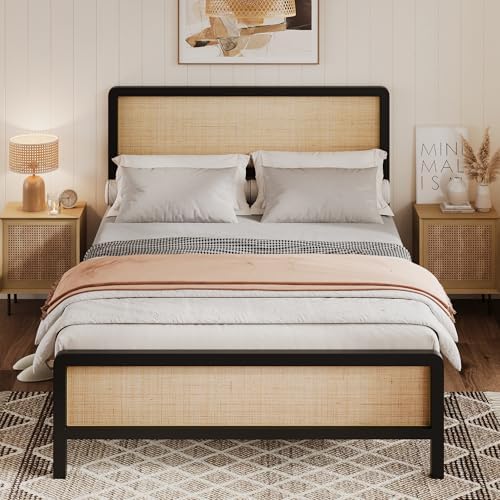 Amazon.com: IDEALHOUSE Full Size Bed Frame with Rattan Headboard and ...