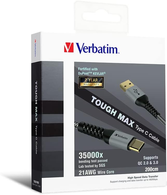 Verbatim Type C to A Cable with Kevlar 200 cm Grey; 78.7 Inch - Buy ...
