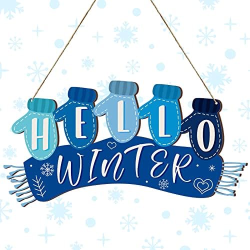 Gerrii Christmas Hello Winter Gloves Hanging Sign Navy Blue Scarf Hello ...