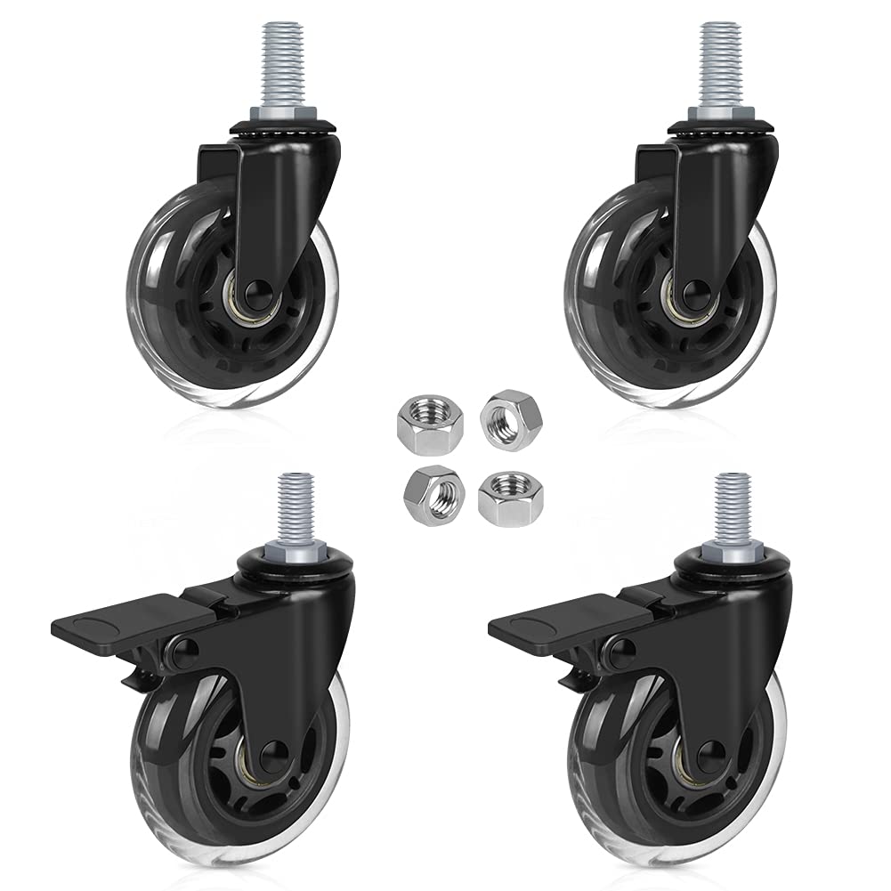 Hirate 3" Caster with 3/8"-16UNC Threaded Stem(2 with Brake & 2 Without), 4 Pack Swivel Stem ...