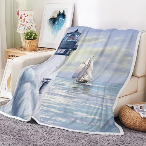 Amazon.com: Jipusai Coastal Lighthouse Throw Blankets, Sunrise Blue ...