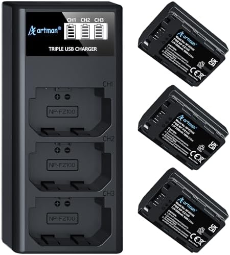 Artman Batería NP-FZ100 2500mAh y Cargador de 3 Ranuras, Batería de Repuesto en Pack de 3 para ...