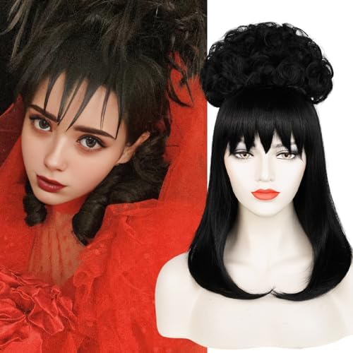 Amazon.com: Black Bride Wig with Bun for Women, 17.7 Inch Medium Long ...