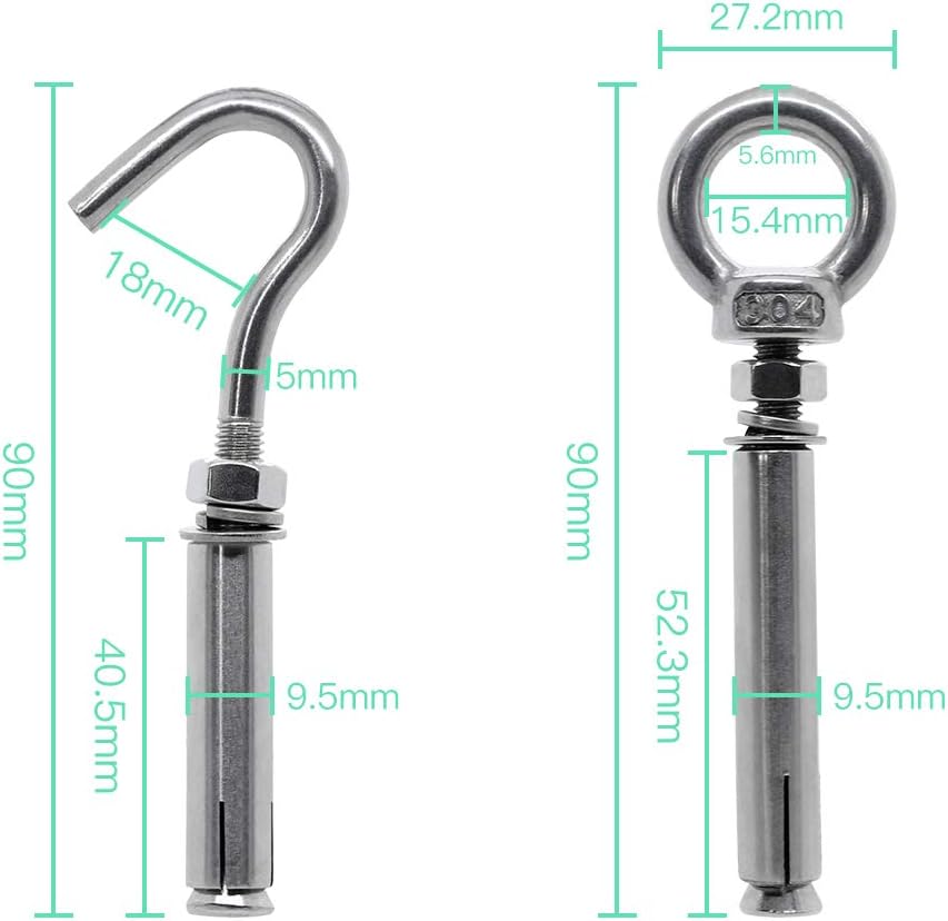 JaneYi (6 Pack) Stainless Steel 3 Pieces M6 Open Hooks Expansion Screw ...