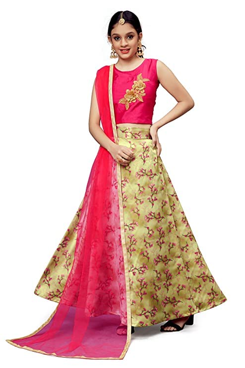 Buy SRILEKHYA Girl’s Ethnic Wear Floral Golden Lehenga Choli with ...