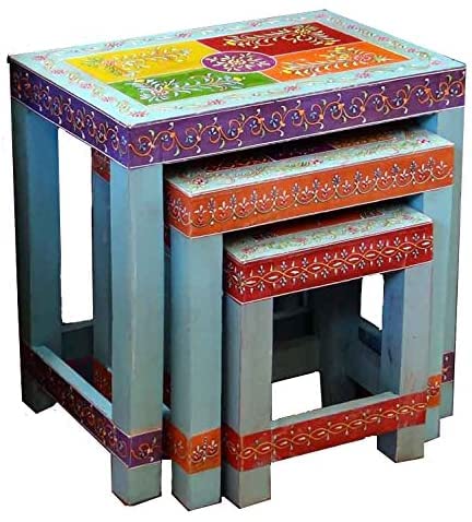 Indian Wood Arts Wood Painted Nested Table/Nesting Stool Set of 3 ...