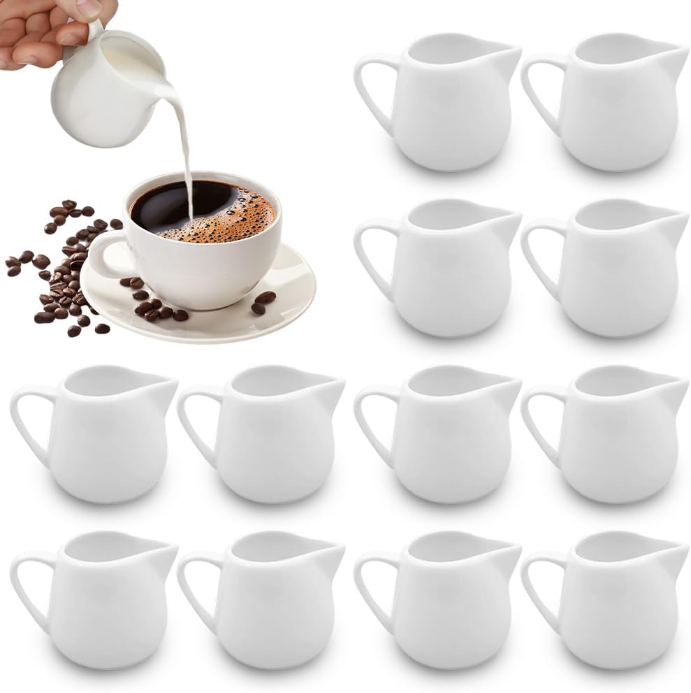 12 Pcs Small Milk Ceramic Jugs, 110ML White Handle Sauce Pots, Mini ...