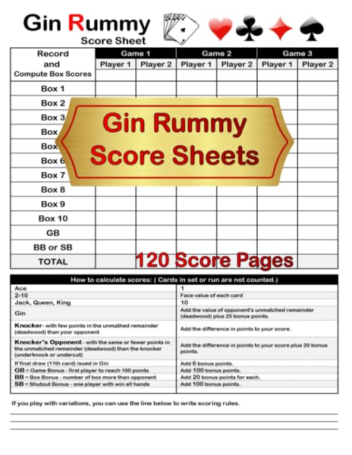 Gin Rummy Score Sheets: Gin Rummy Scorebook | Gin Rummy Score Pads ...
