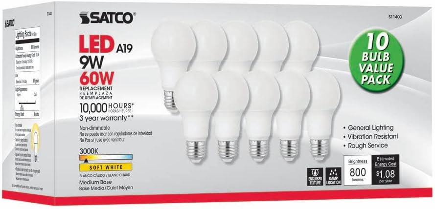 Satco 4.17 Inch 9.5W A19 LED Medium Base Replacement Lamp (Pack of 4 ...