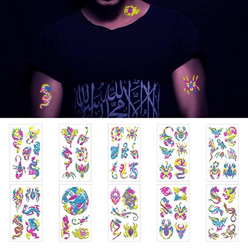 Neon Temporary Tattoo,10 Sheet Glow in the Dark UV Neon Body Face Skin ...