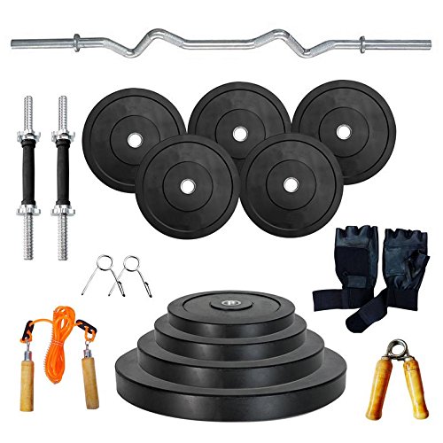 HAWKISH Premium Quality 34 KG Rubber Weight Plate Home Gym Set + 14 ...